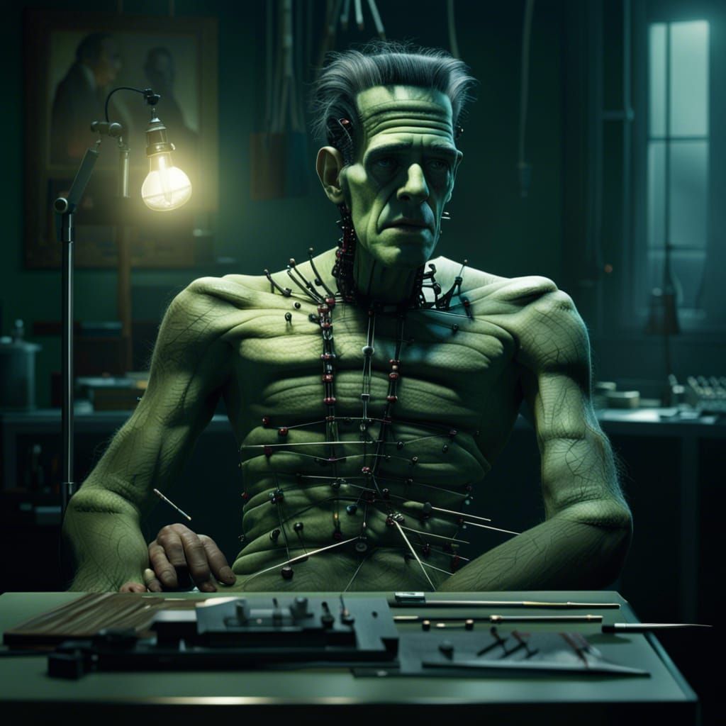 Frankenstein on operating table getting acupuncture - AI Generated ...