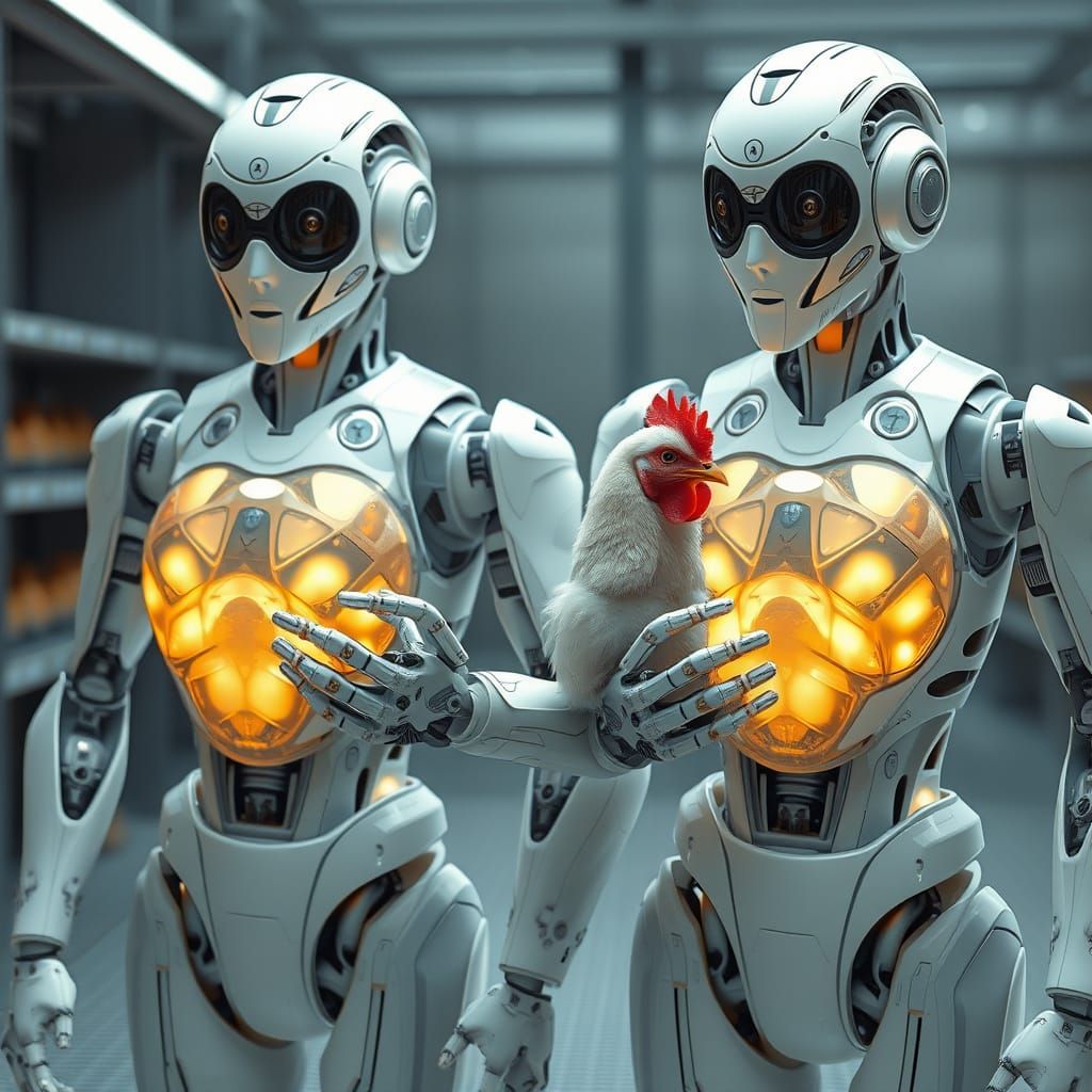 Biopunk Robots Nurture Free-Range Chickens in a Fu... - AI Art