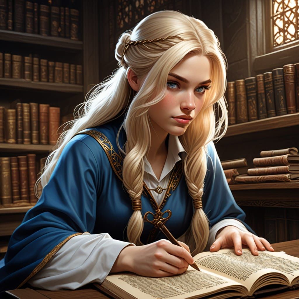 Wizard girl - Young Wizard Girl Studies Ancient Scroll in El...