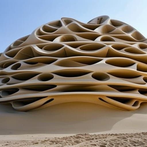 biomorphic round epic sand castle architecure, curvy sand columns, zaha ...