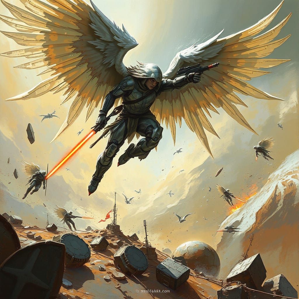 Cyberpunk Angel Engages in Intense Space Battle - AI Art