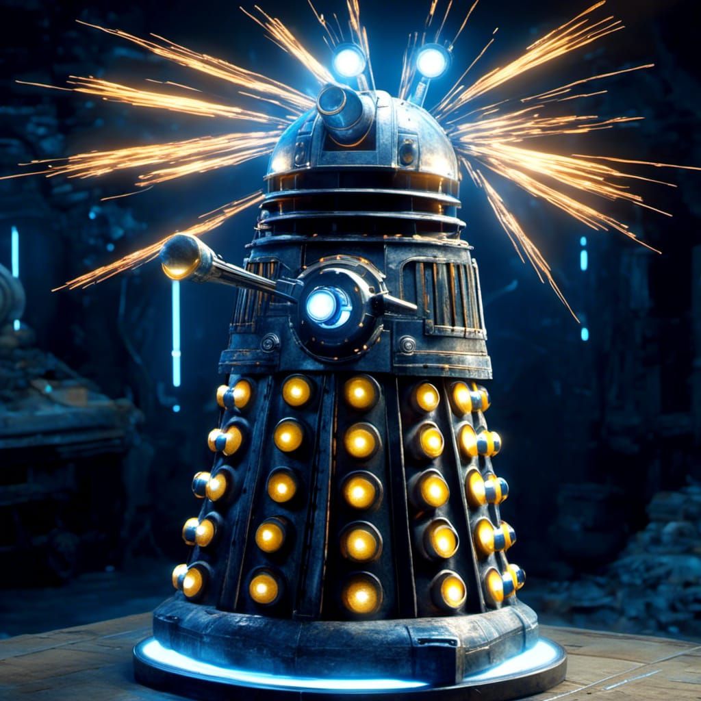 The Tardis in a Dalek shape, emitting gamma rays, imposing cyborg style ...