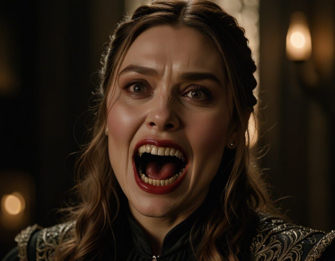 Elizabeth Olsen as a snarling vampire with pointed teeth