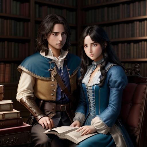 Alice and d'Artagnan sitting on an open book in a Beautiful bookstore ...