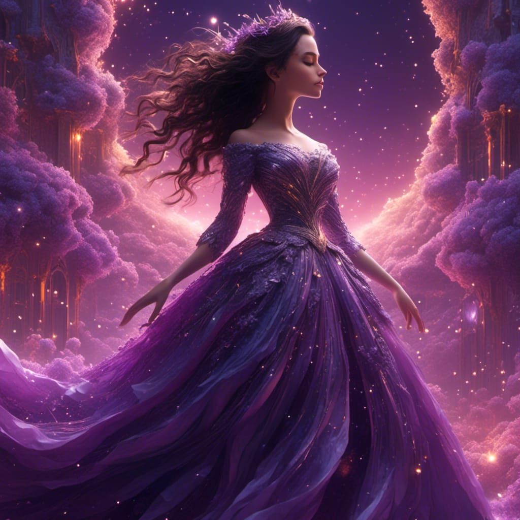 A beautiful, tall, brunette princess wearing a sparkly purple flowing ...