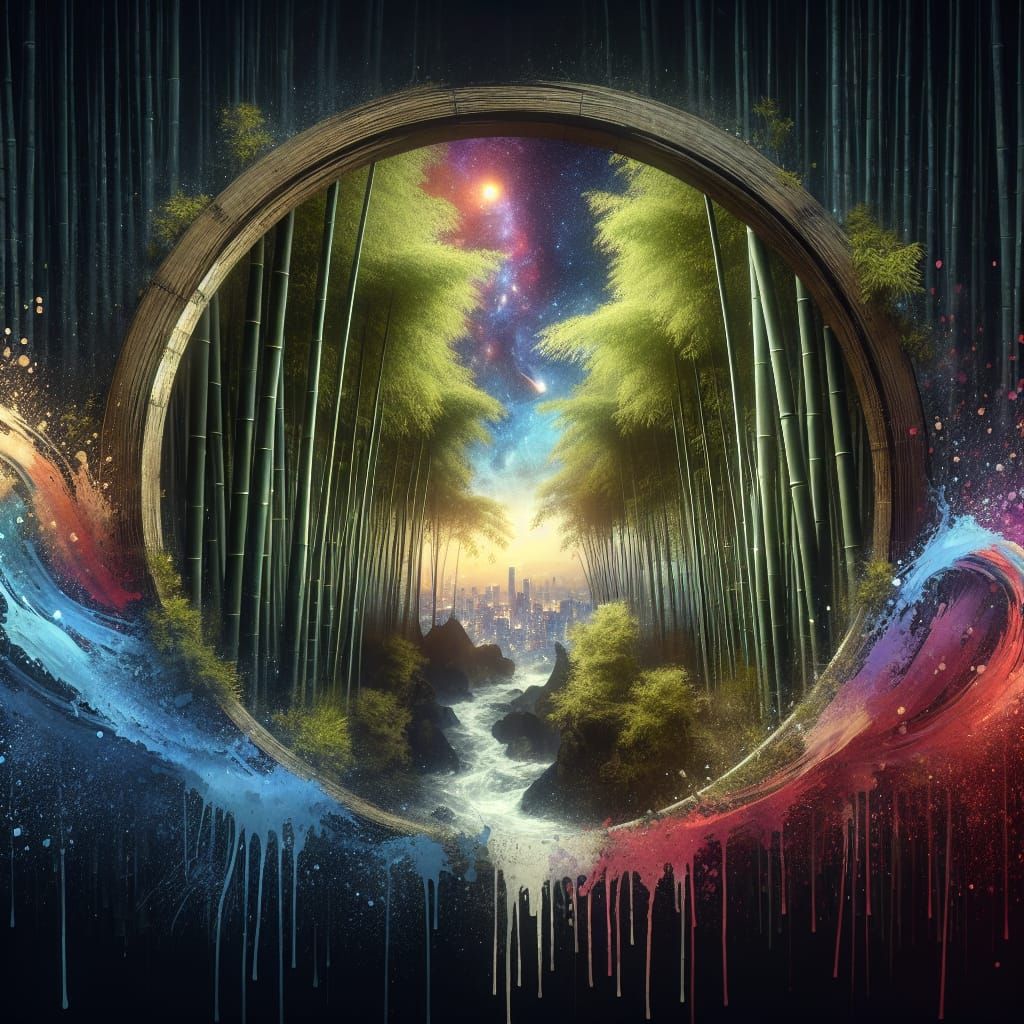 The image is of a Japanese bamboo forest. Two trees have intertwined to ...