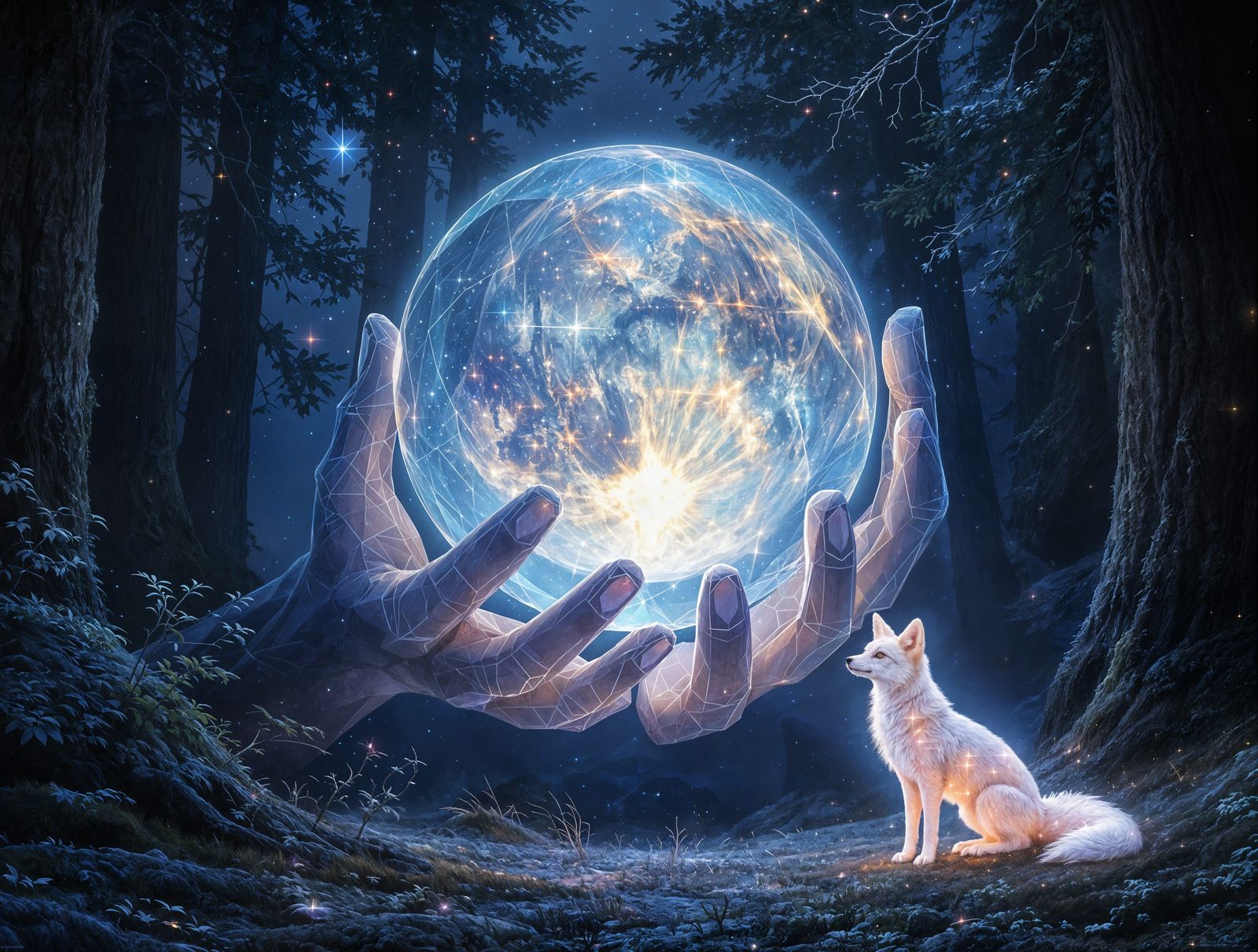 Spectral Hands Holding Moon Orb - Moonlit Forest Sanctuary w...