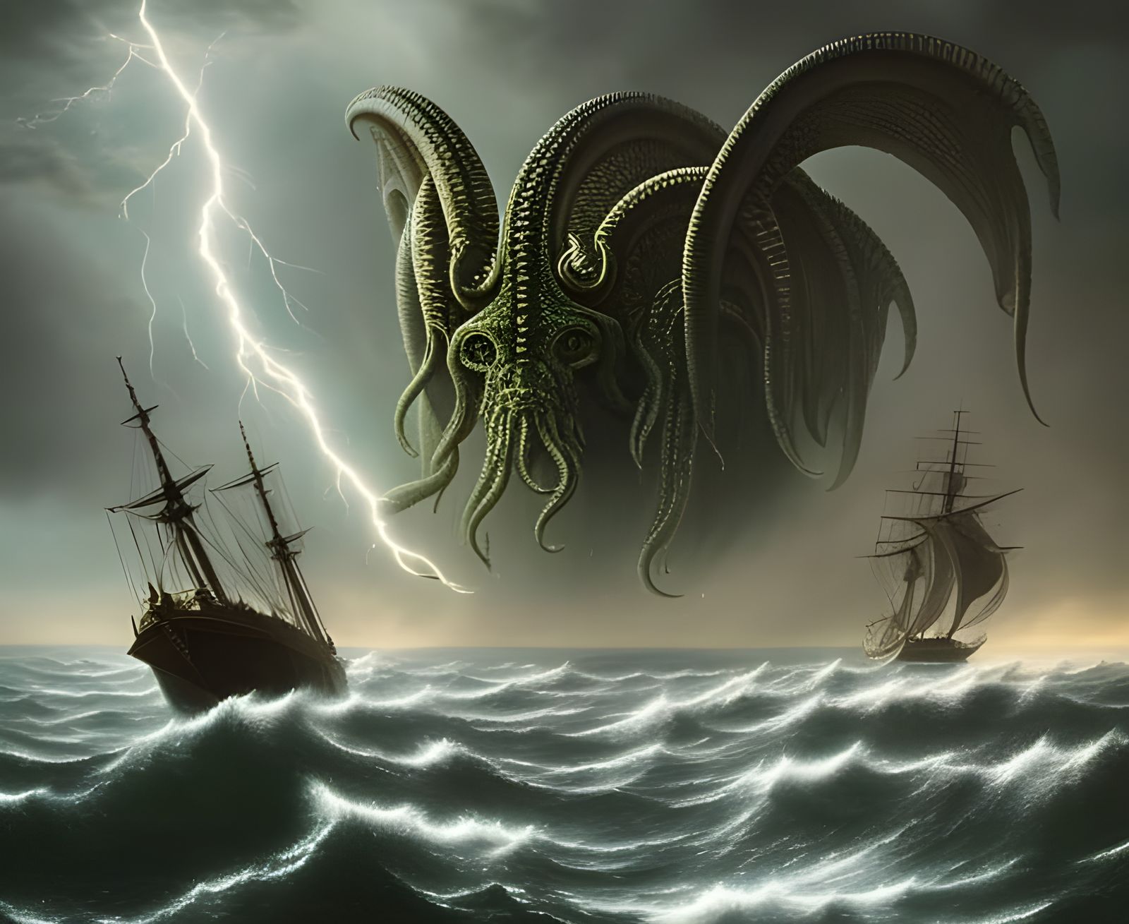 Cthulhu Emerging from the Clouds Over Ships in a Thunderstorm - AI ...
