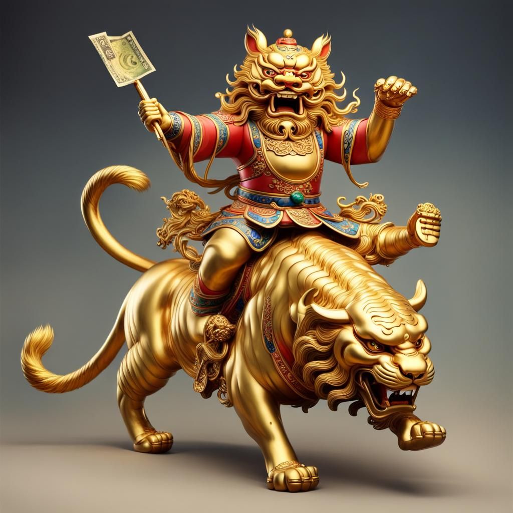 Chinese Caisen (money God), riding a furious tiger, bringing abundance ...