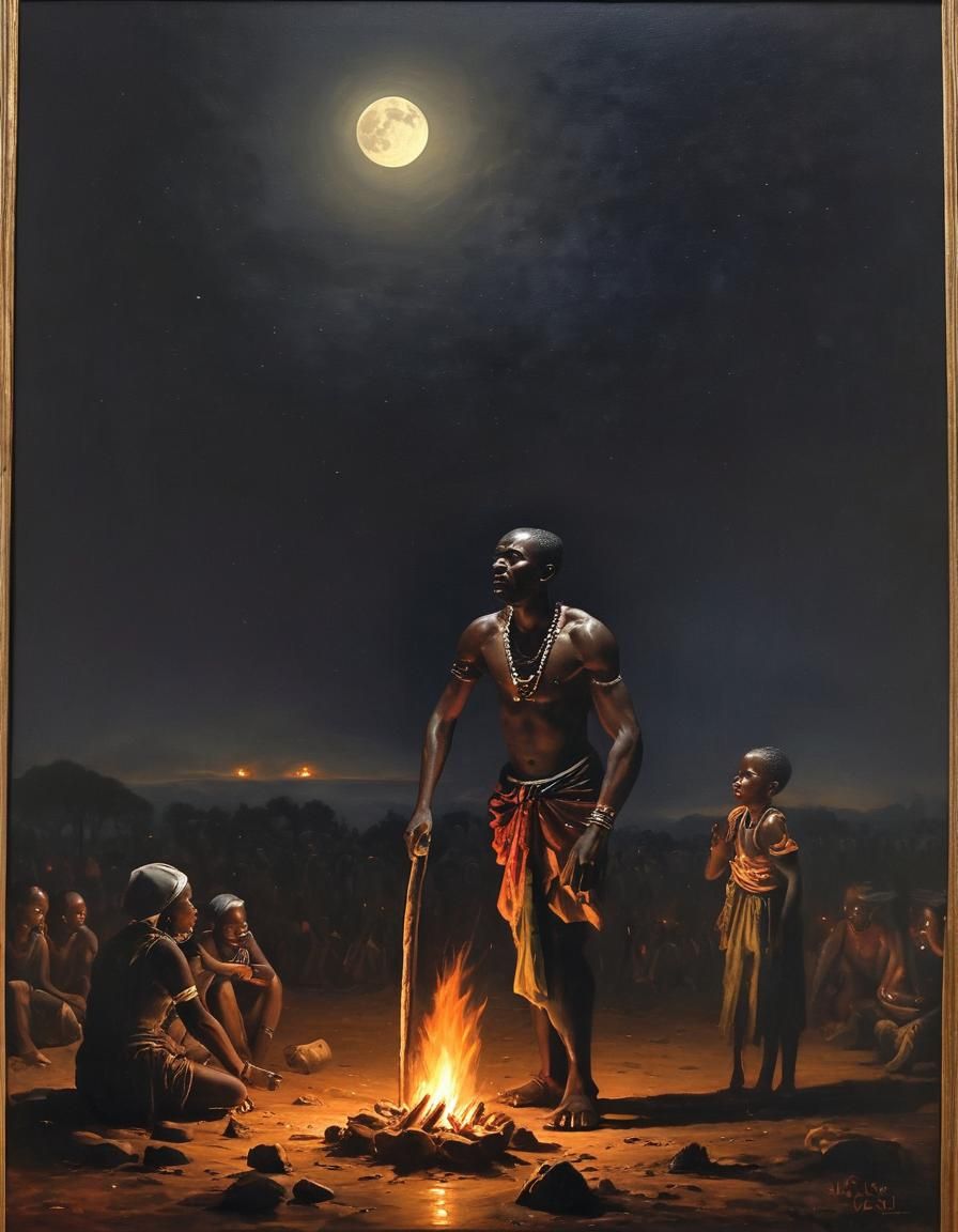 a framed oil paint of a moon ritual from the African villagers, night ...