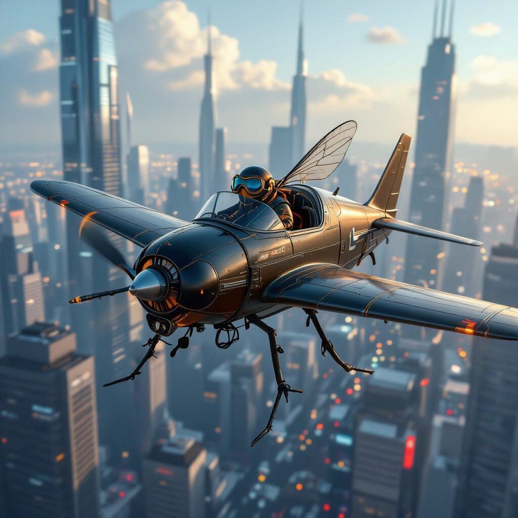 Insect Pilot Flies Airplane Over Futuristic Citysc... - AI Art