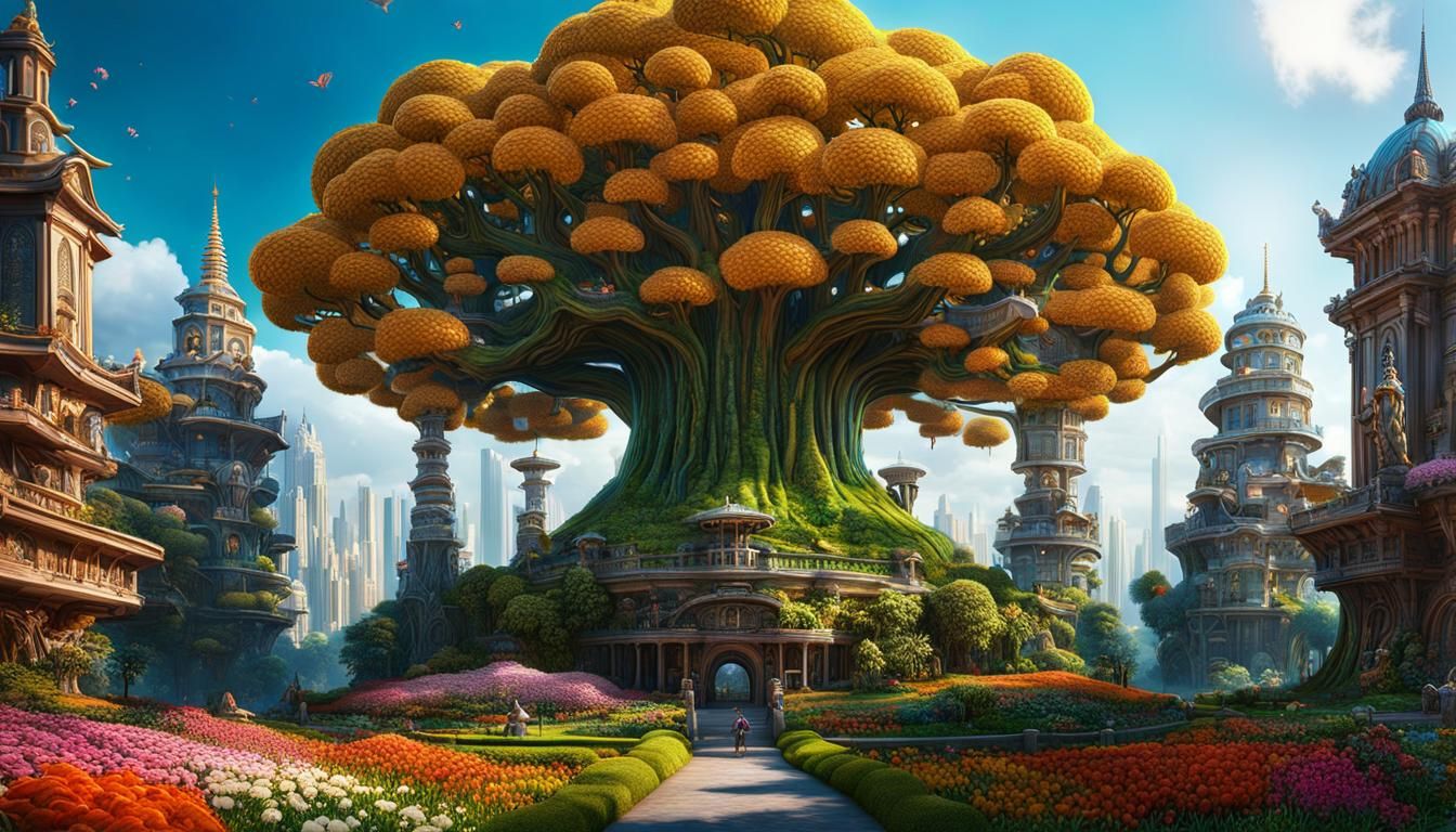 Utopian City with hyperdetailed Tree of Life with Nature and Flowers ...