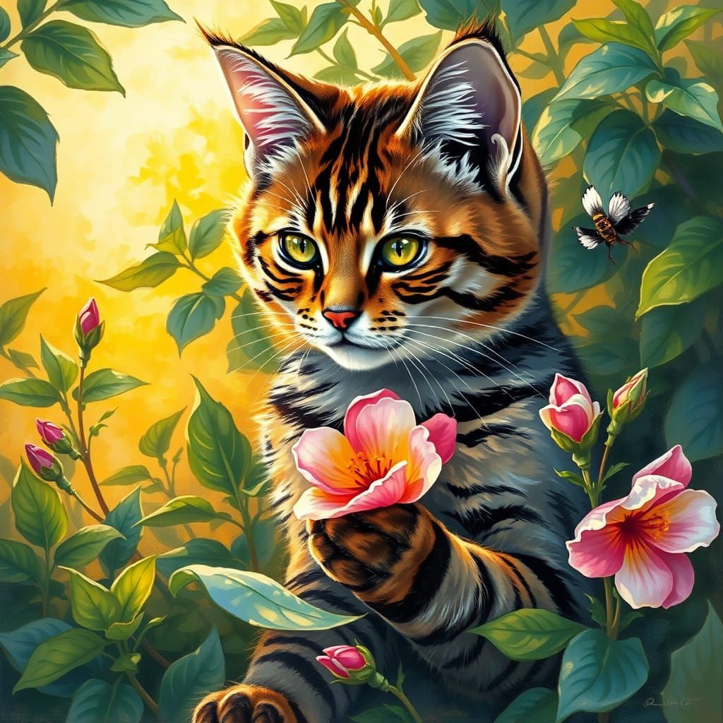 Cat with flower - Whimsical Feline Amidst Verdant Bloom in ...