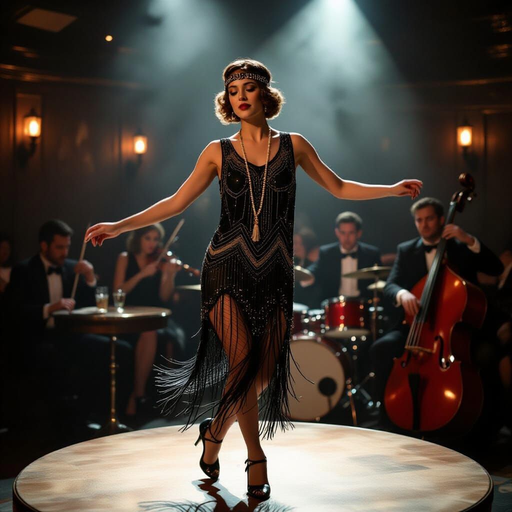 Cinematic film still. A flapper girl in a beaded dress dances on a ...