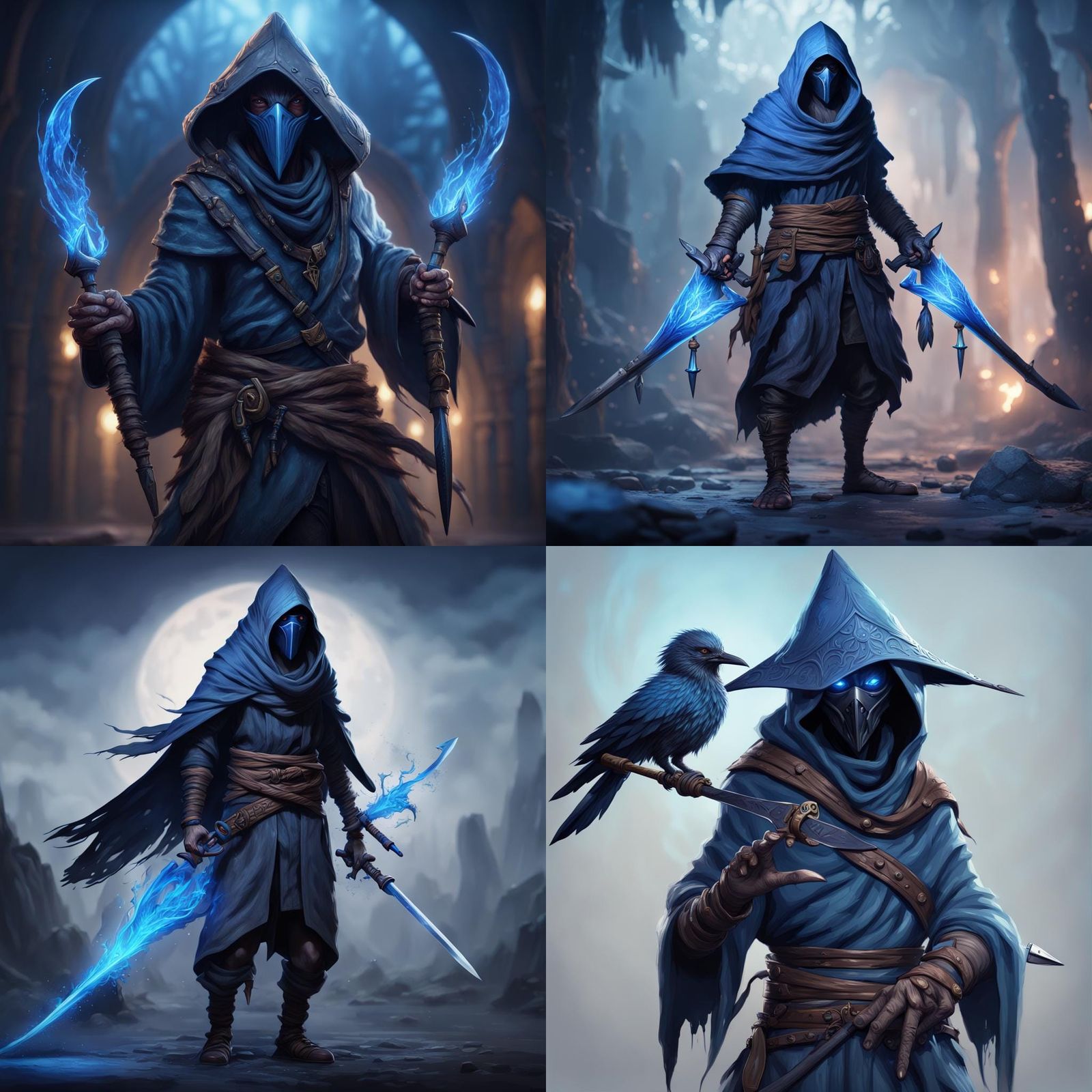an rpg character portrait of a kenku assassin with blue magical psionic ...