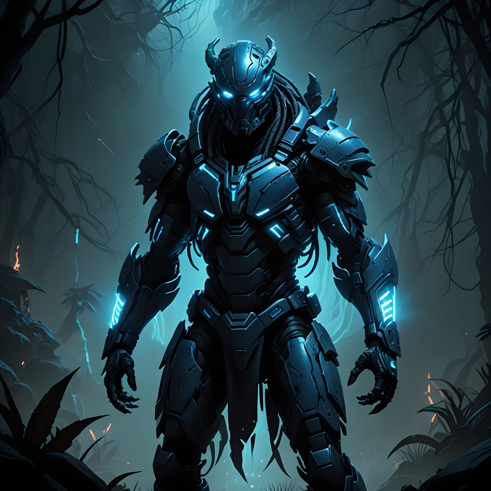 Concept art. Medium shot. A yautja elite predator stands tall, plasma ...