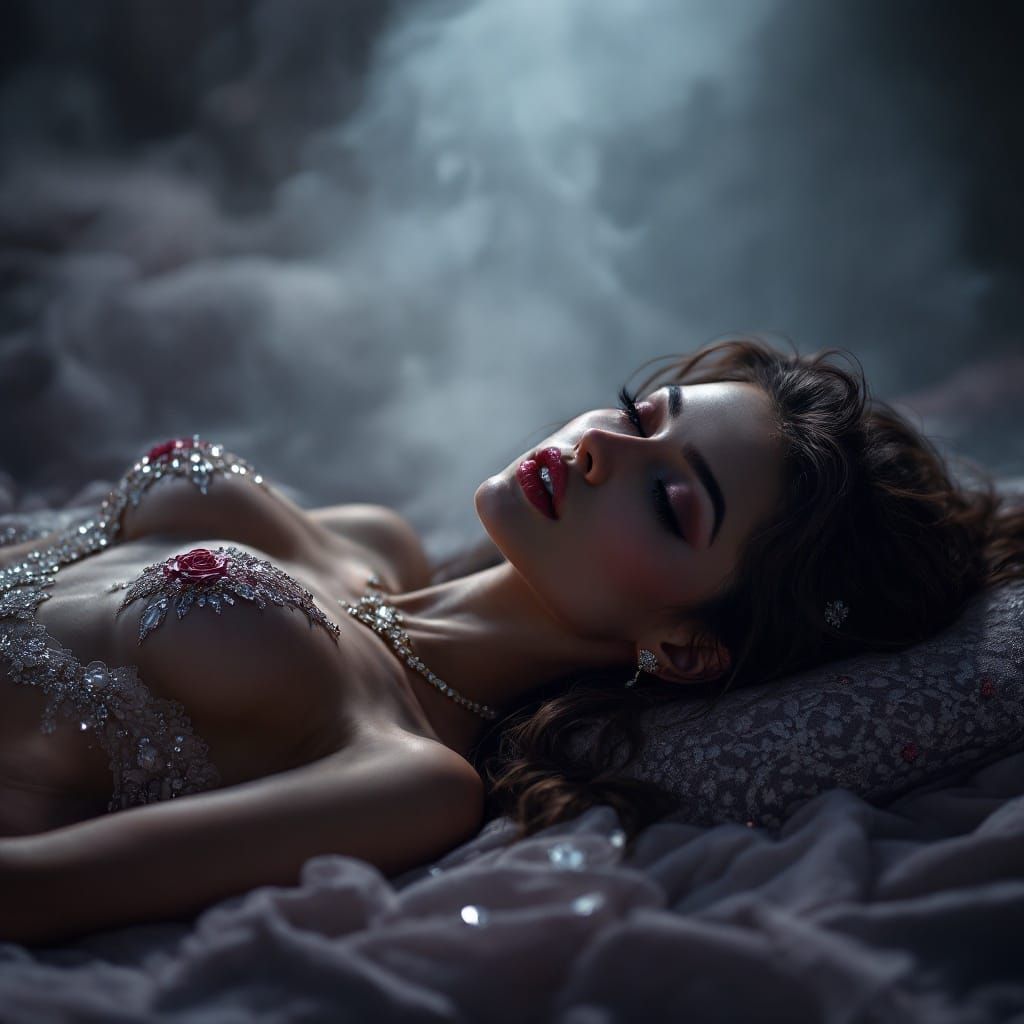 hyper-realistic, lying on the bed, dimly lit, myst... - AI Art