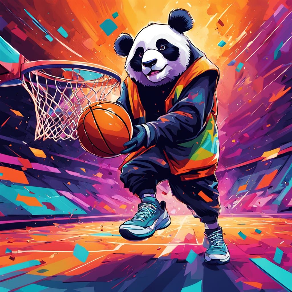 Panda Dunking Basketball in Dynamic Cyberpunk Scen... - AI Art