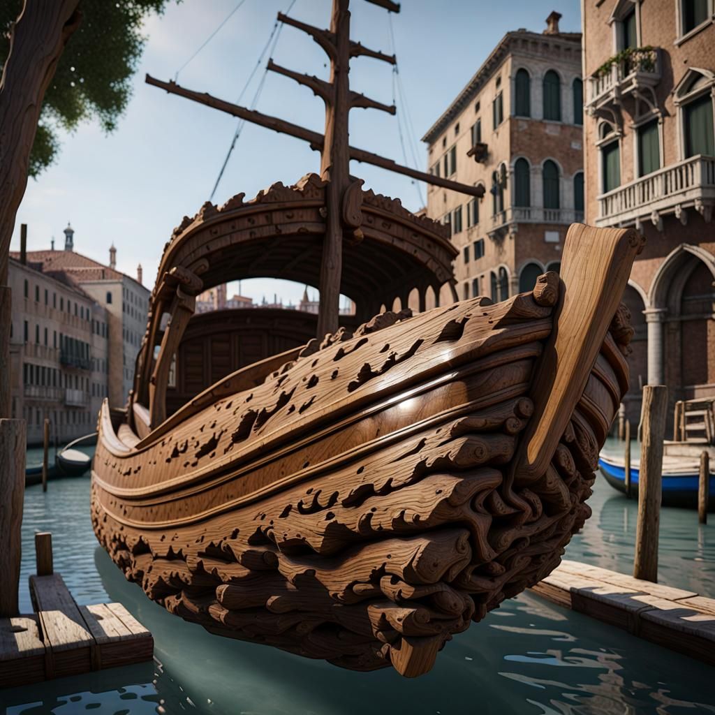 boat carved out walnut log floating down calli in Venice,real detailed ...