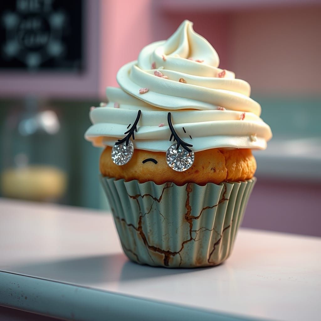 Sorrowful Cupcake Sits Alone on Bakery Counter - AI Art