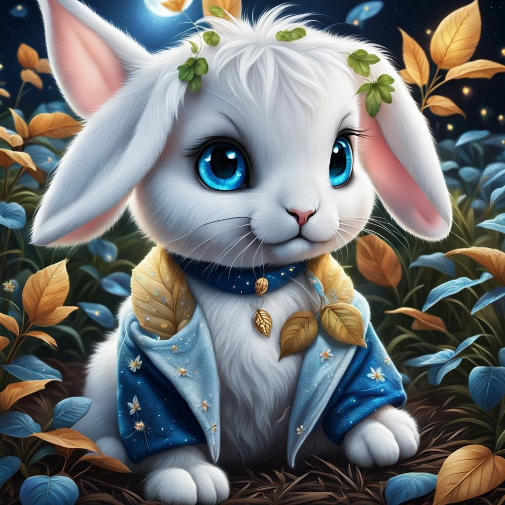 A hyper-realistic digital artwork of an adorable cute white rabbit ...