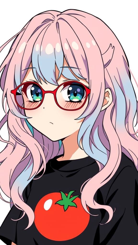 cartoon manga manic pixie dream girl, wavy long dusty-rose and blue ...