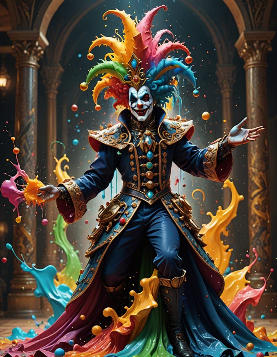 A whimsical jester performing at a grand feast