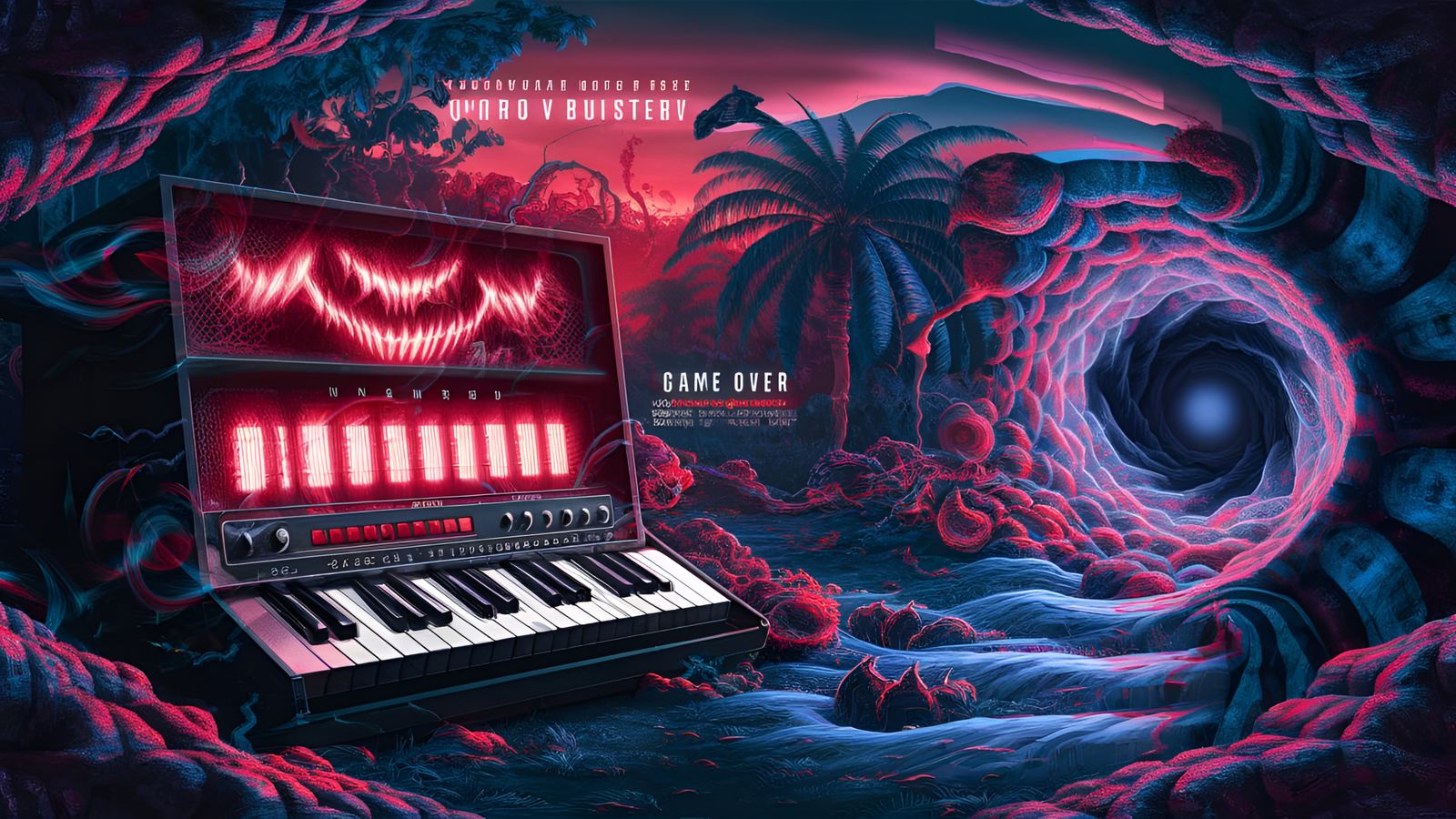 Synthwave horror movie poster with evil synthetizers