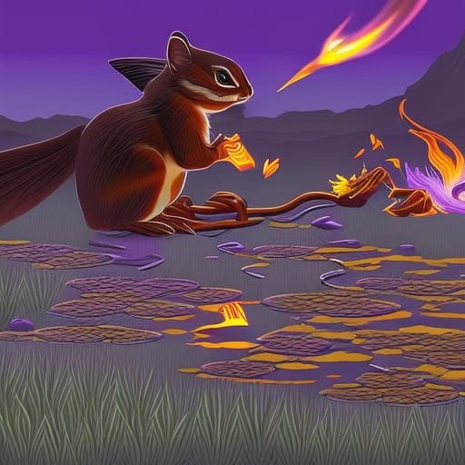 A fire breathing chipmunk blowing fire at three squirrels. Back ground ...