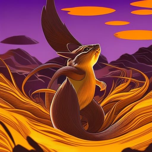 A fire breathing chipmunk blowing fire at three squirrels. Back ground ...