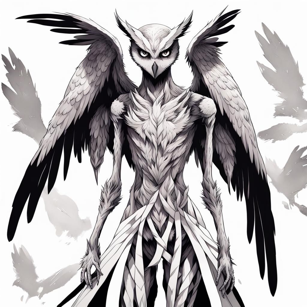 A Humanoid owl demon-person with An owl-like face and thin limbs like ...