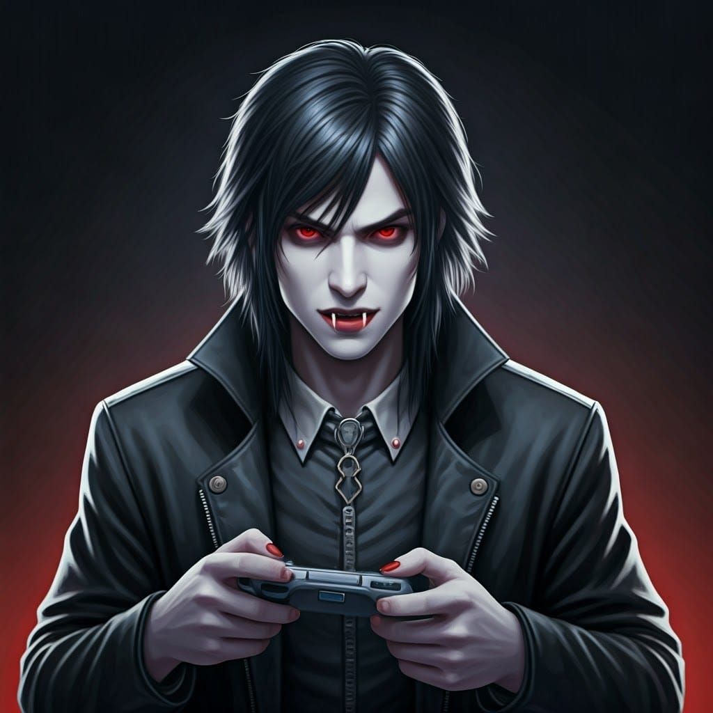 Gamer Vamp - Gothic Gamer Vampire Bites into Console