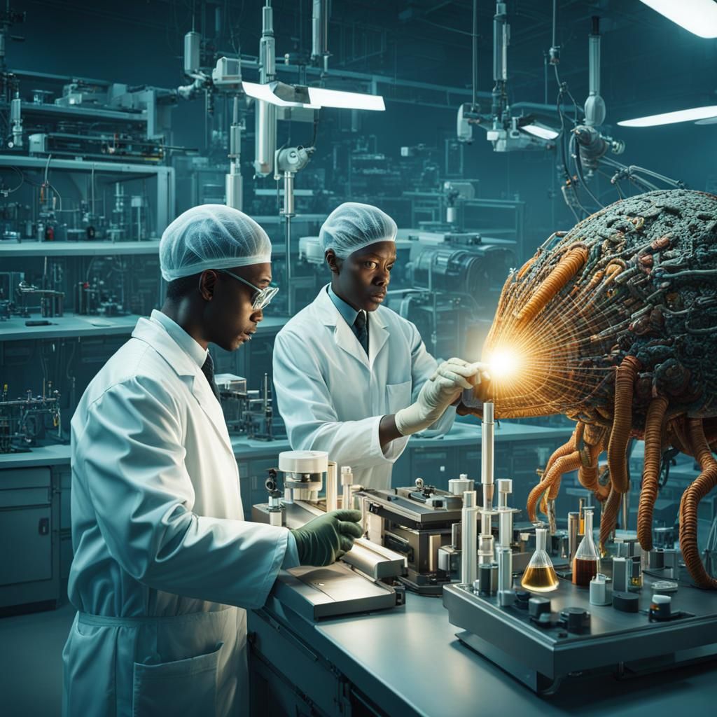 "captures the intensity of a laboratory scene where scientists, doing ...