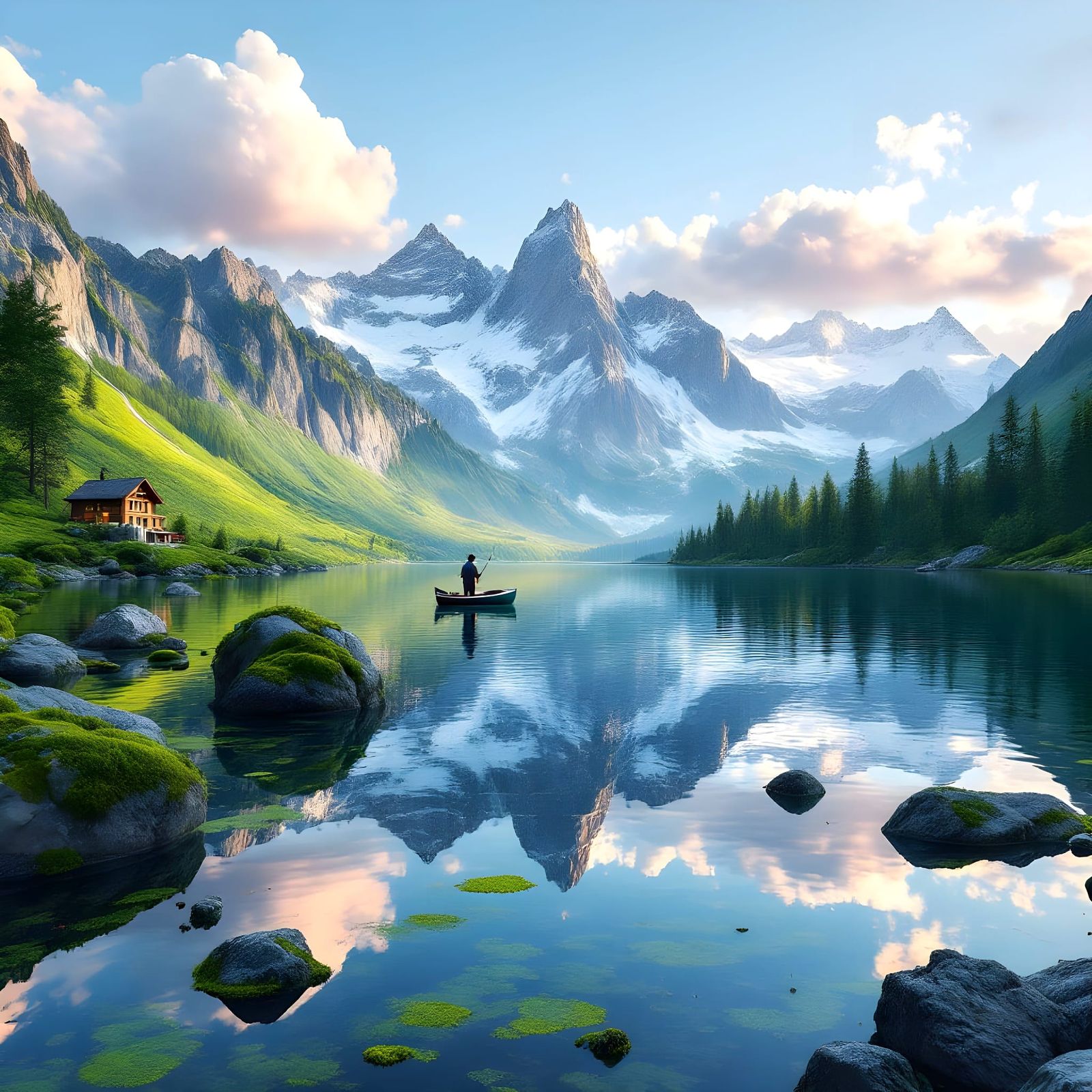 Serenic Lake Landscape with Majestic Mountains and... - AI Art