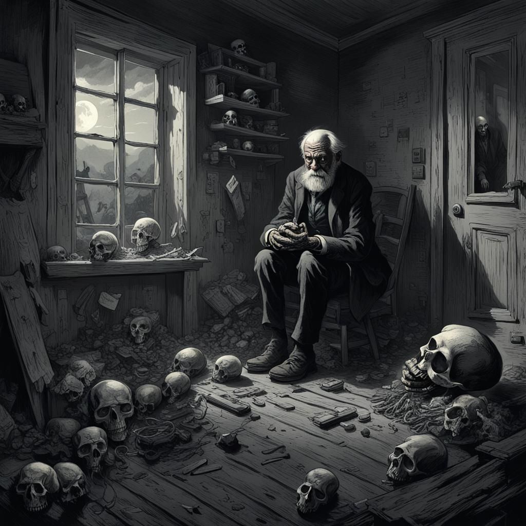 Horror creepy old man with a skull in his hand in a dirty apartment ...