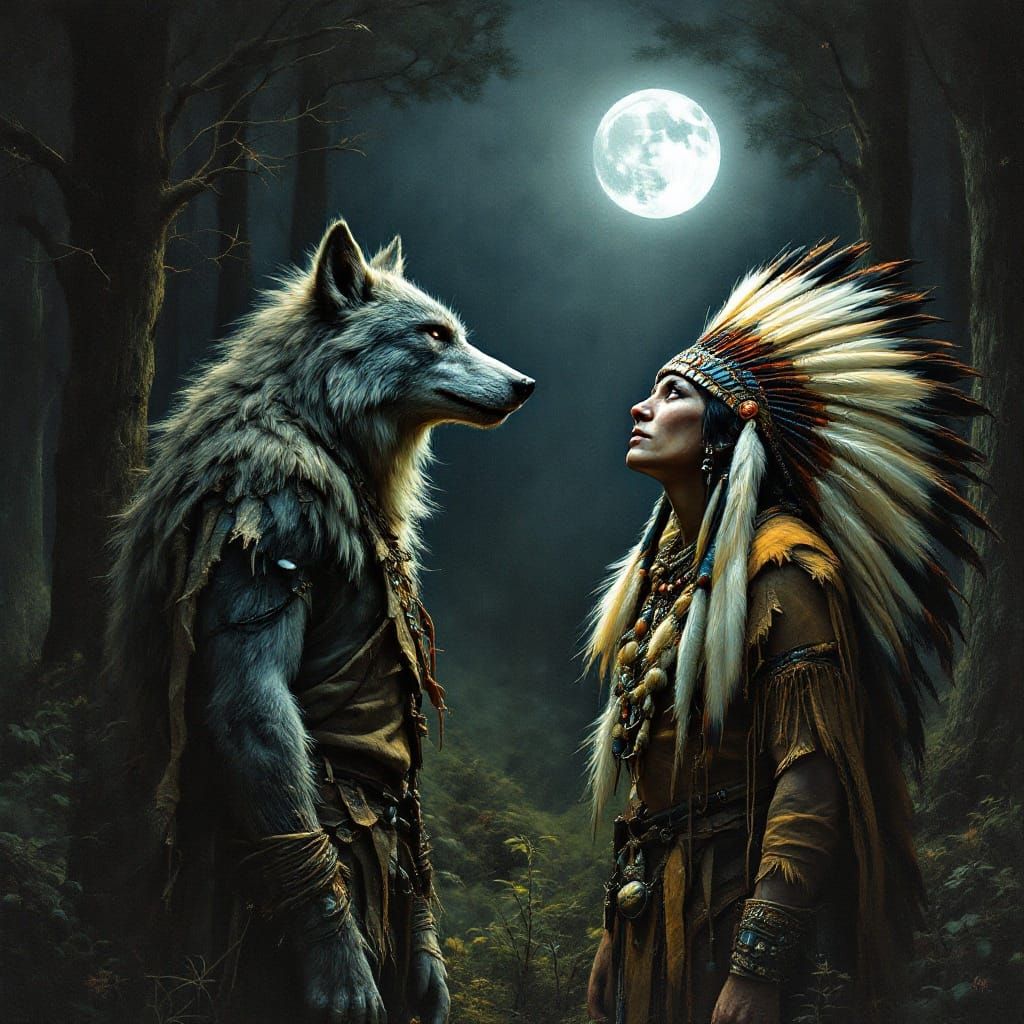 Werewolf and Indian Chief Bask in Lunar Mysticism - AI Art