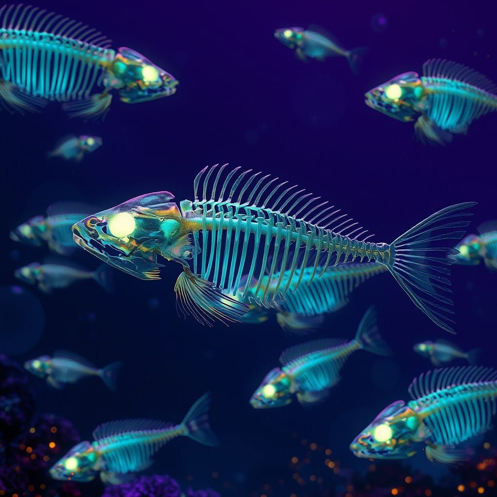 skeleton fishes - Glowing Skeleton Fish in a Dark Oceanic Re...