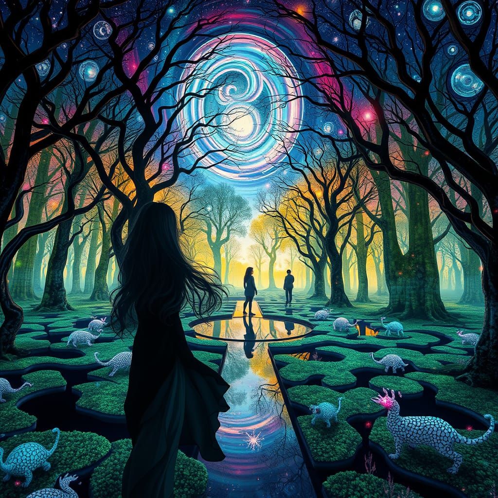 Stained Glass Forest Glade with Mirrored Labyrinth - AI Art