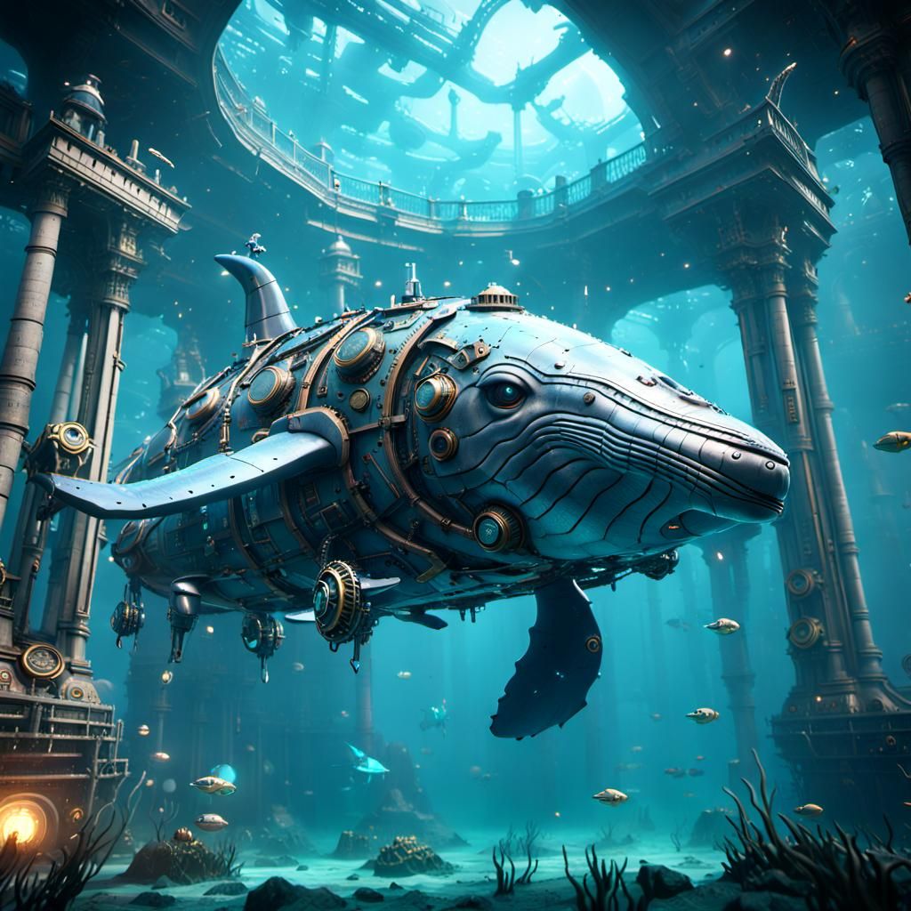 a large steampunk whale swimming by a broken underwater temple ...