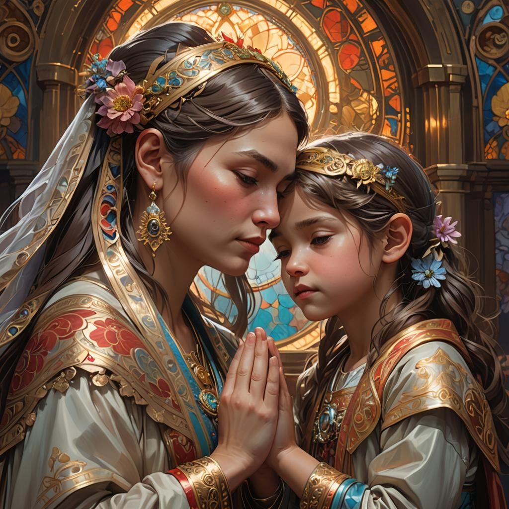 Ultrarealistic close-up of a mother and daughter praying 8k resolution ...