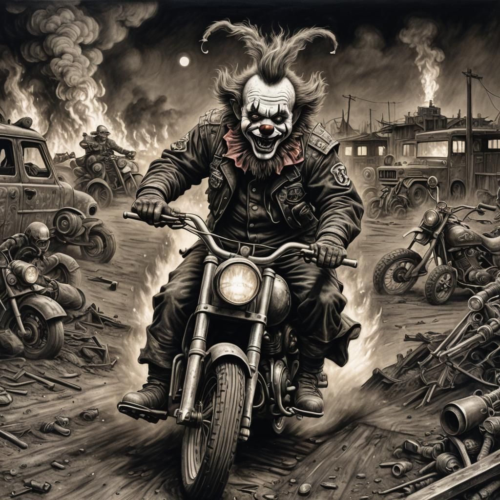 50's post-apocalyptic, dwarf clown on dirt bike, night fire war ...