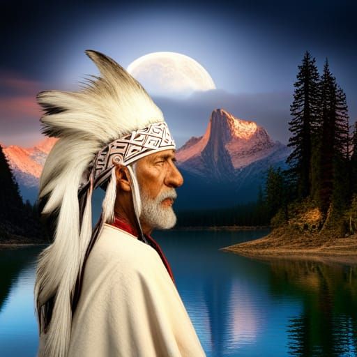an old native cheif in full native head dress with a pure white wolf ...