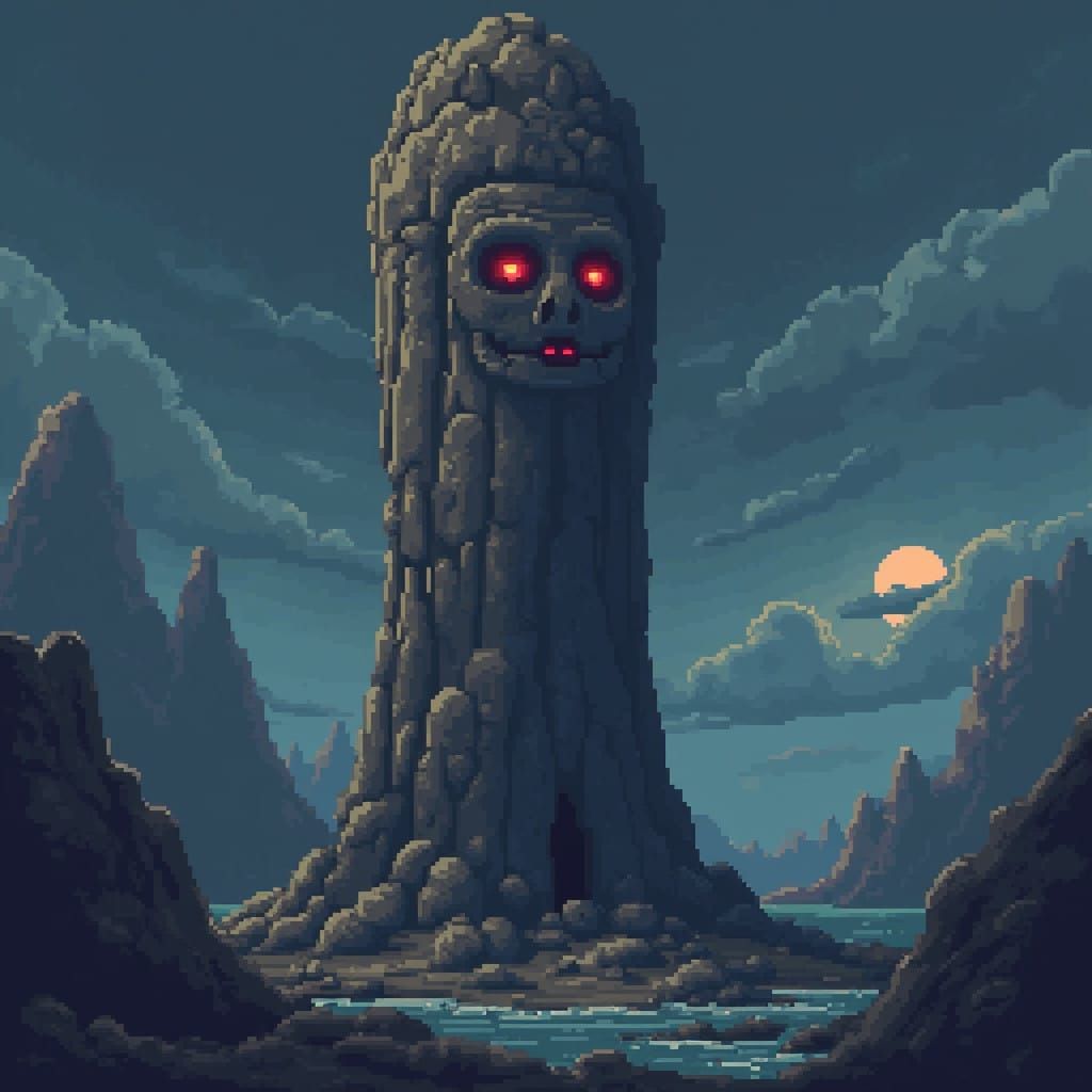 pixel art giant stalagmite with a demonic face carved on it