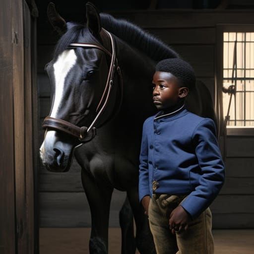 african-american stable boy with horse, inside stable, in the style of ...