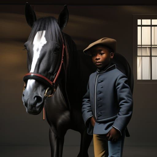 african-american stable boy with horse, inside stable, in the style of ...