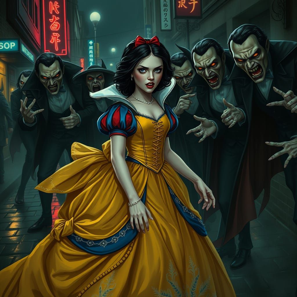 Snow White Fleeing from Modern Vampires in Dark Ur... - AI Art