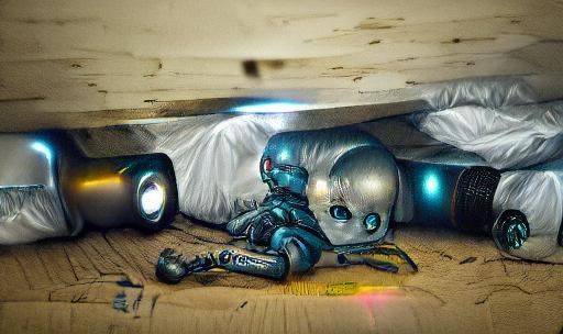 a little humanoid robot hiding under a bed with a flashlight : r/nightcafe