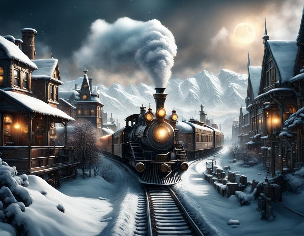 Winter snowy Steampunk village with a train leaving station - AI ...