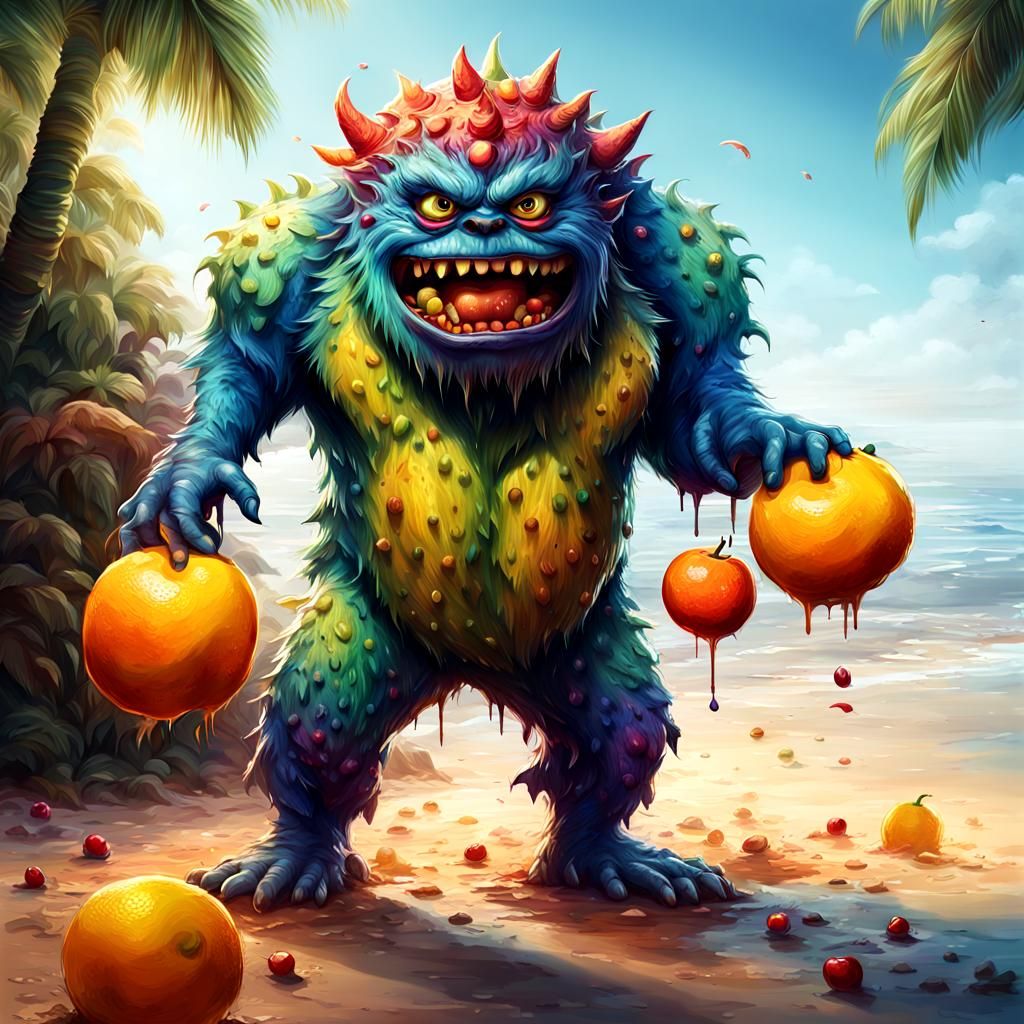 A monster standing composed only of fruits of far in beach