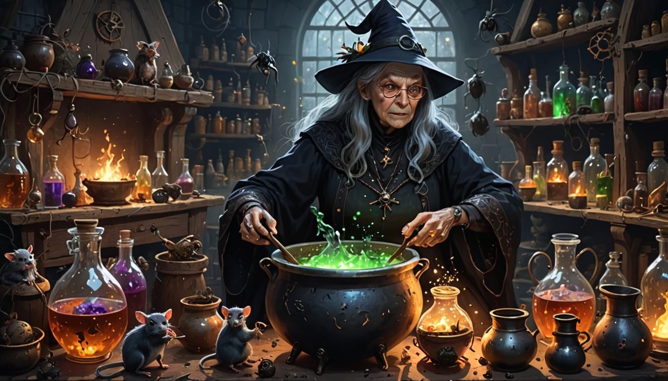 a single old witch making potions in a cauldron with sparkling potions ...